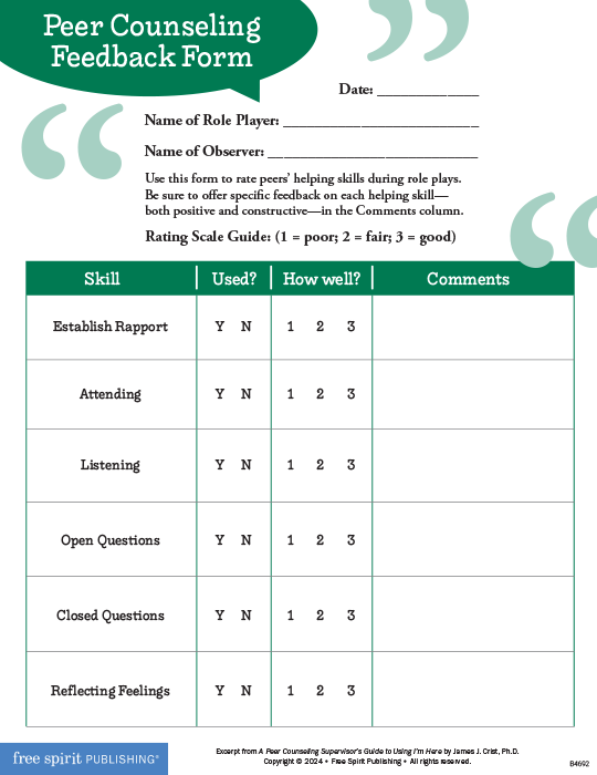 Peer Counseling Feedback Form | Grades 6-12 | Download | FSP Admin