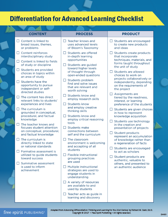 Differentiation for Advanced Learning Checklist | Download | Free Spirit