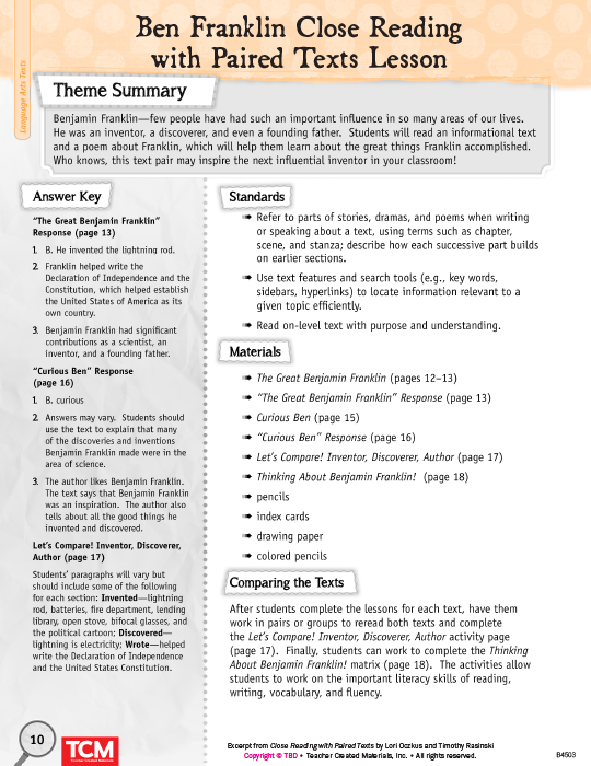 Benjamin Franklin Close Reading Lesson | Download | TCM
