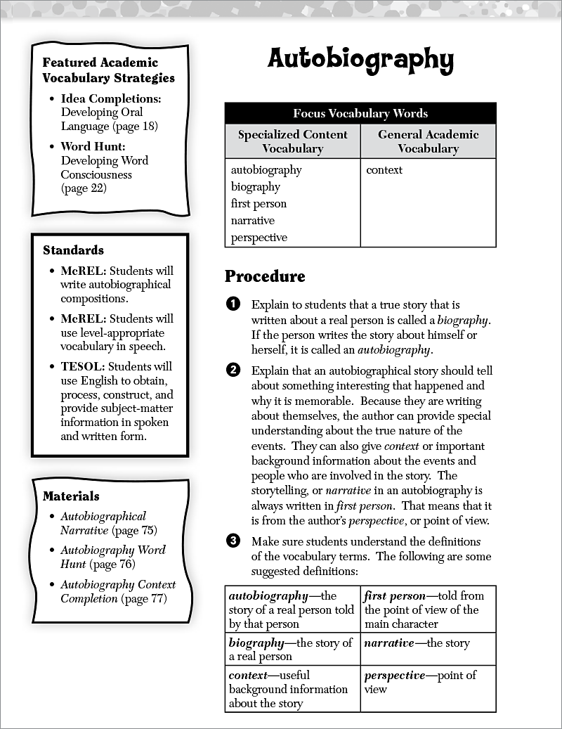 Autobiography: Academic Vocabulary | Gr: 4–6 | Lesson | TCM