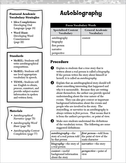 Autobiography: Academic Vocabulary | Gr: 4–6 | Lesson | TCM