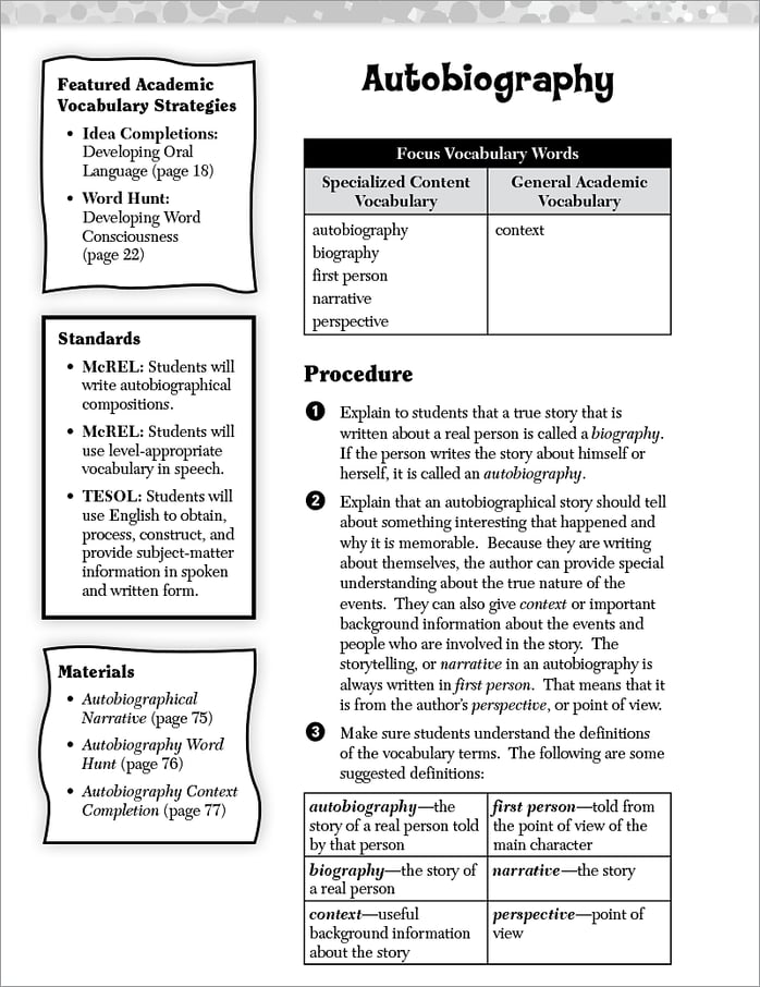 Autobiography: Academic Vocabulary | Gr: 4–6 | Lesson | TCM