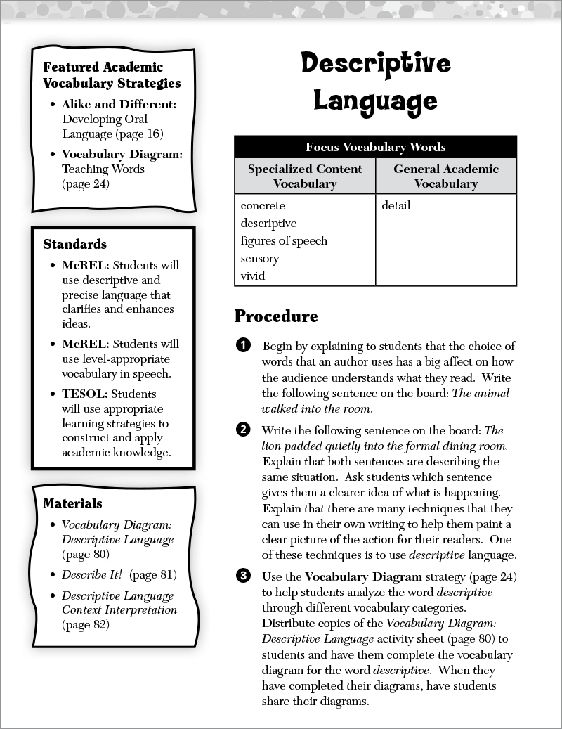 Descriptive Language: Academic Vocabulary | Gr: 4–6 | Lesson | TCM