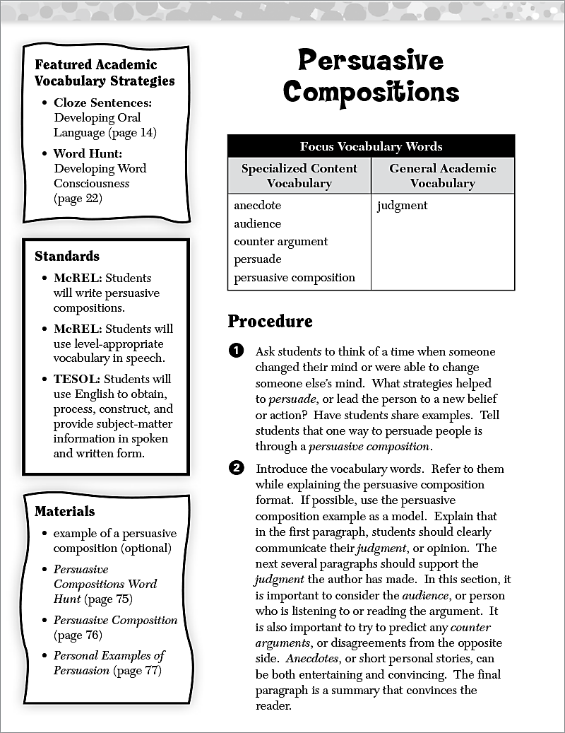 Persuasive Compositions: Academic Vocabulary | Gr: 4–6 | Lesson | TCM