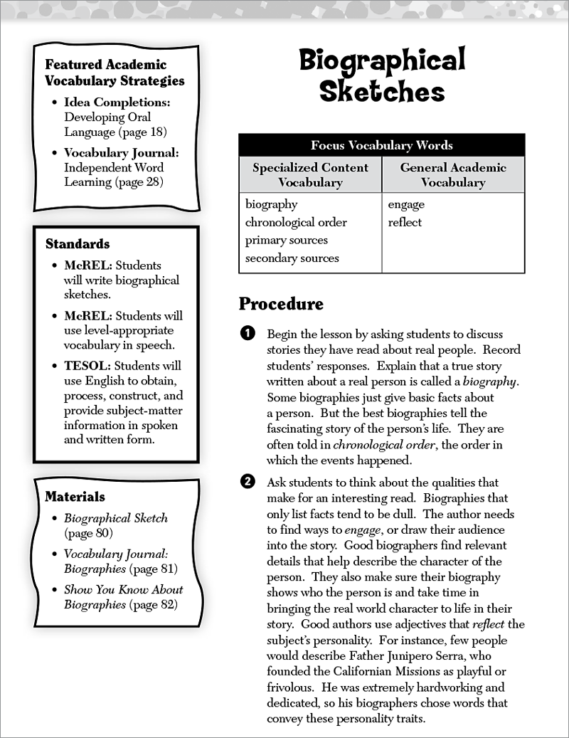 Biographical Sketches: Academic Vocabulary | Gr: 4–6 | Lesson | TCM